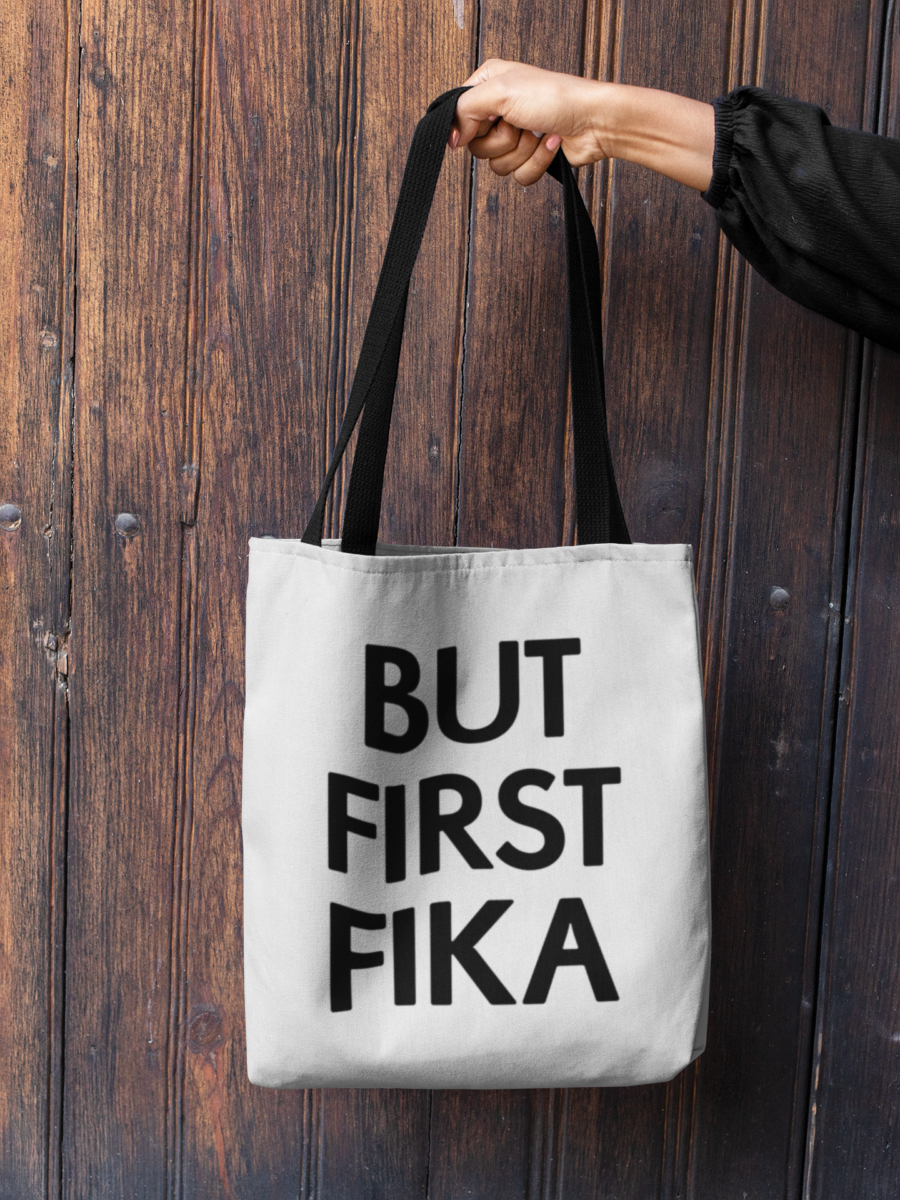 But First Fika (Black Print) Tote Bag | Swedish Prints